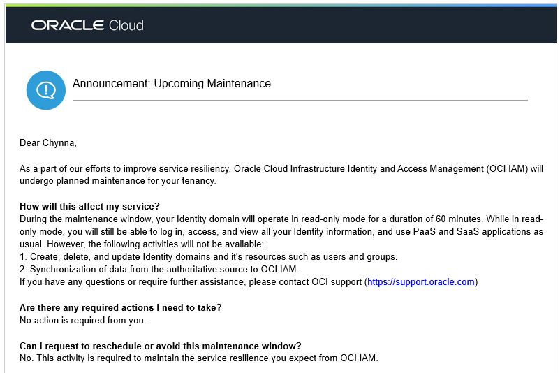 Upcoming Maintenance For Oci Iam Notification — Cloud Customer Connect