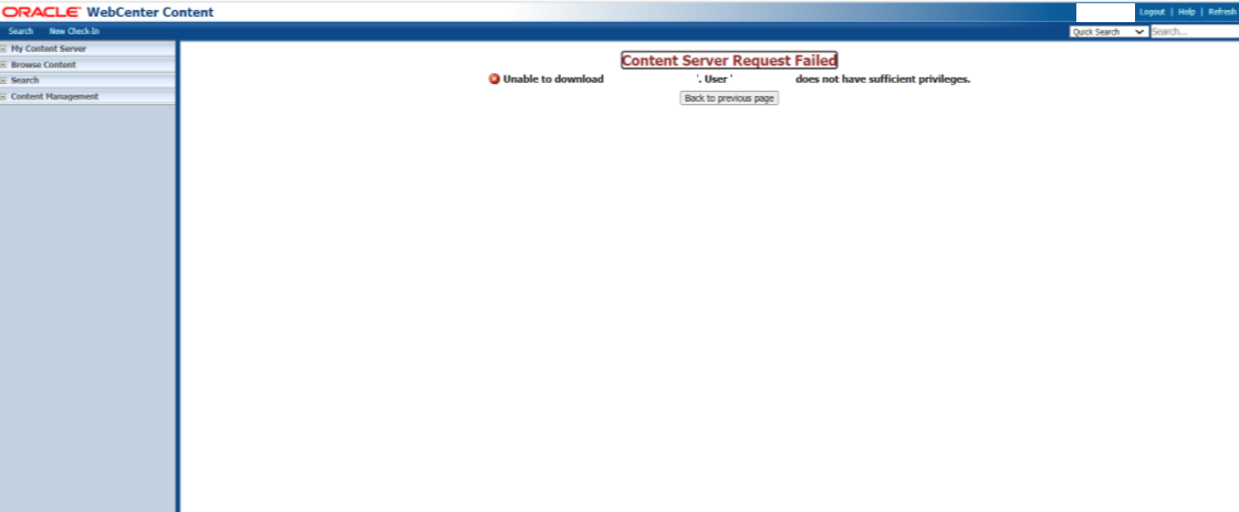 CONTENT SERVER REQUEST FAILED error message — Cloud Customer Connect
