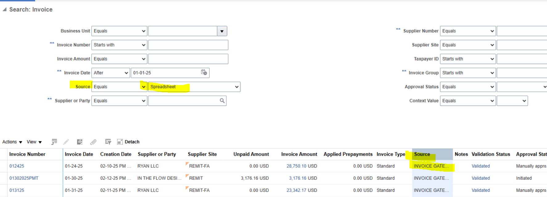 Invoice Source- Lookup Code "Invoice Gateway" has meaning of Spreadsheet — Cloud Customer Connect