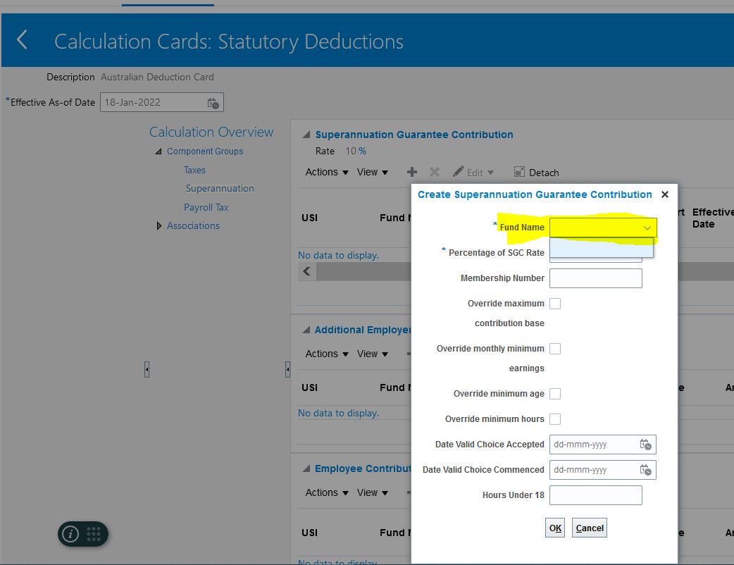 HRMS (Australia) Calculation Cards - "Fund Name" LOV is blank under ...