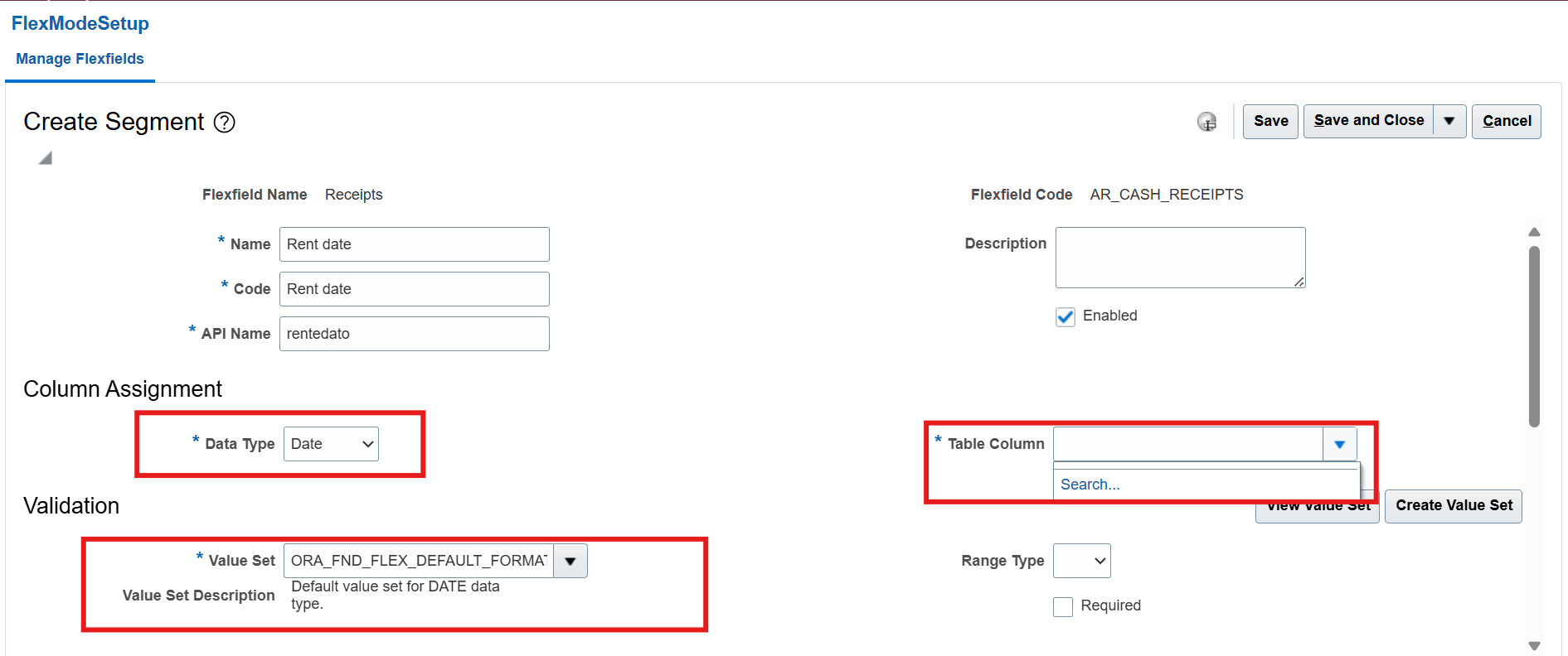 Attribute date is not available under table column for data type date while creating Receipt DFF ...
