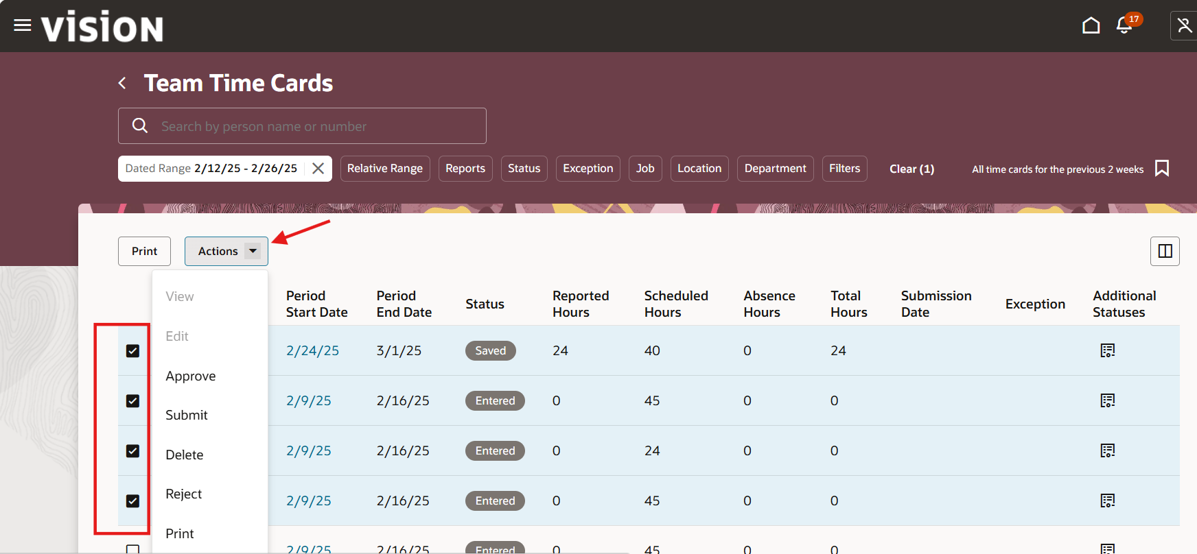 Redwood Team Time Card Page Actions Button Options — Cloud Customer Connect