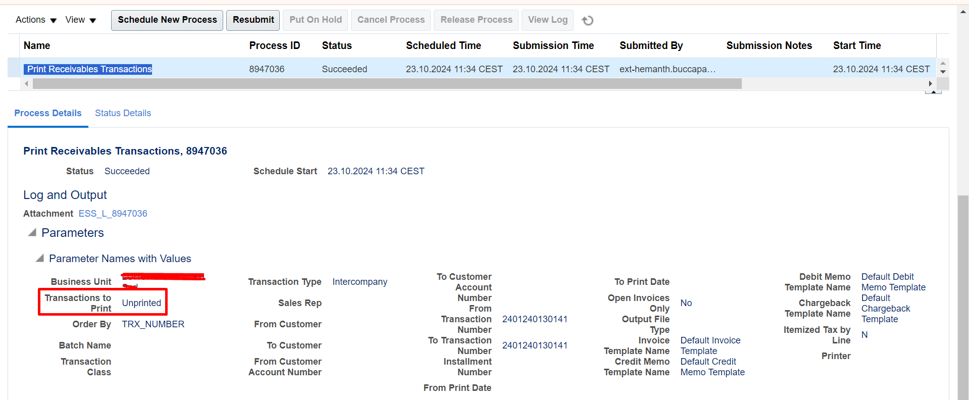 Print Receivable Transaction schedule process is not working as ...