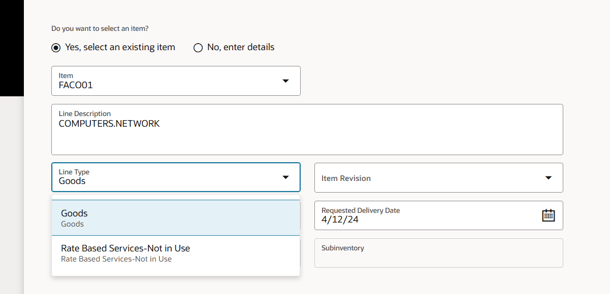 Redwood Not Able To See All The Line Types In Enter Requisition Line Page — Cloud Customer