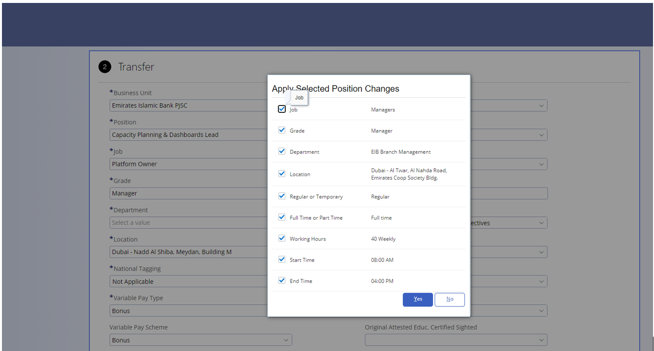 HCM : How to disable Pop up box ( ( Apply Selected Position changes ...
