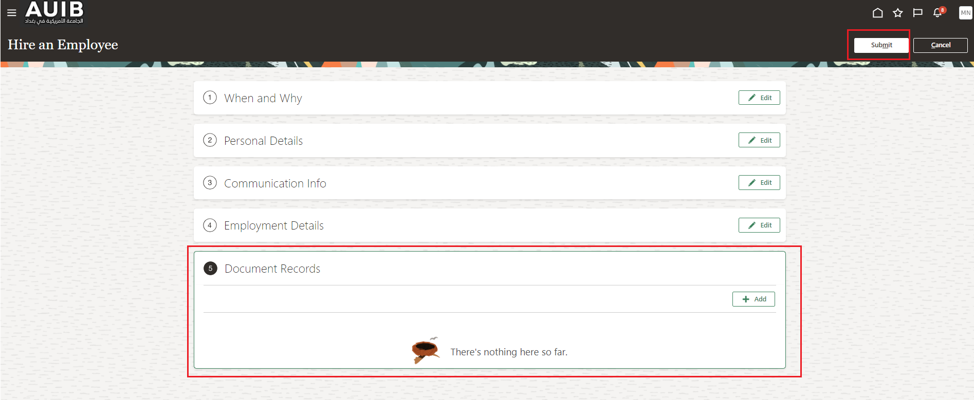 Hire an Employee Quick Action > Make Mandatory Document of Records ...