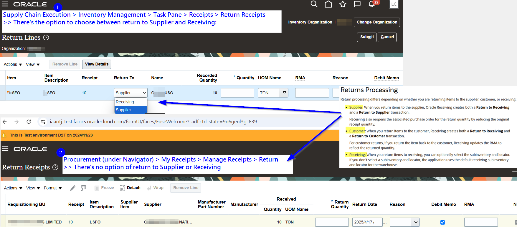 Identify return to supplier or receiving in "Manage Receipts" — Cloud ...
