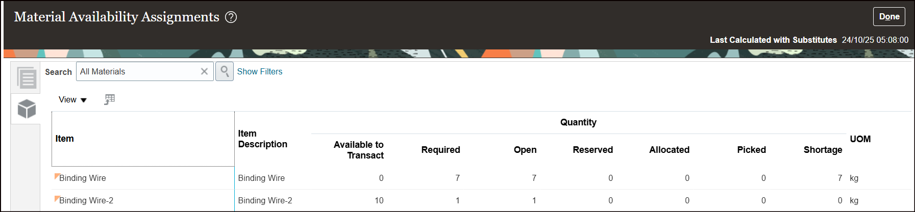 Work order material reservation from material availability screen ...