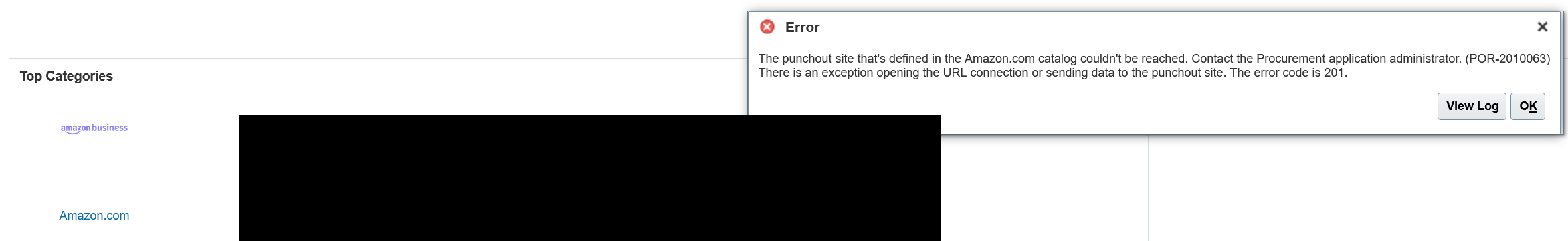 The punchout site that's defined in the catalog couldn't be reached ...