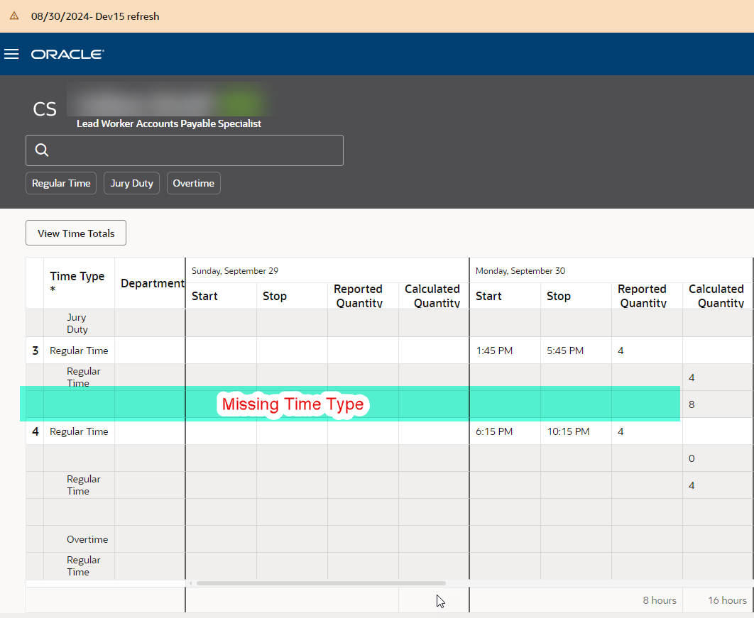 Redwood Time Card Calculated Time Missing Time Type Label For All Types Other Than Regular