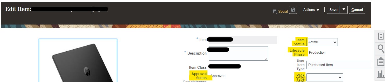 From where does the values of Item Status, Lifecycle Phase, Pack Type ...