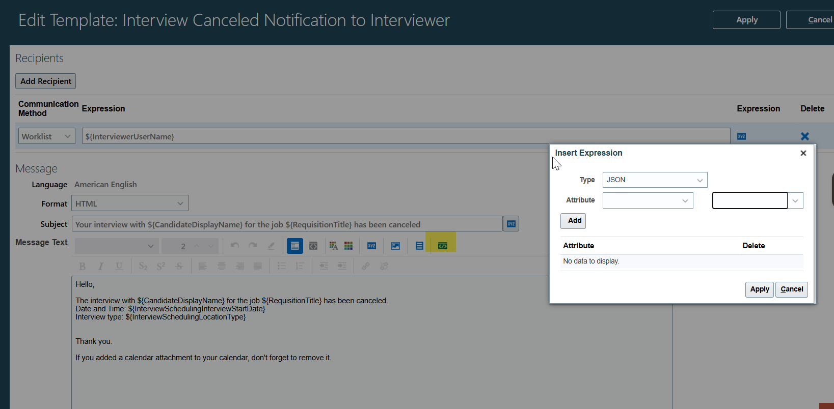 How to insert tokens for Recruiting in Alert Composer — Cloud Customer Connect