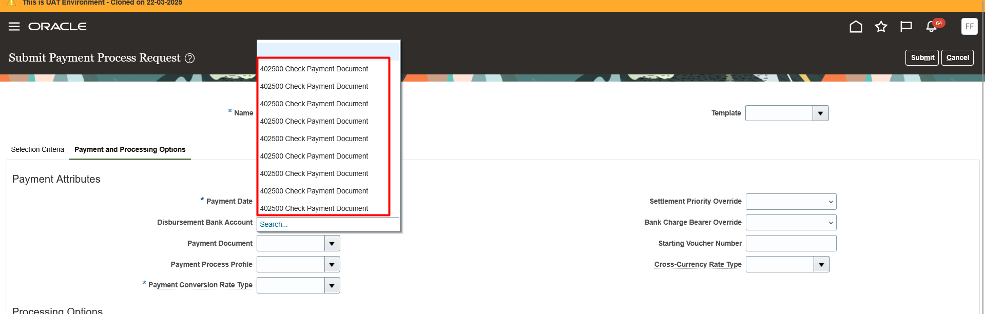 Create Payment Process Request page, Payment Document LOV shows same payment document multiple ...