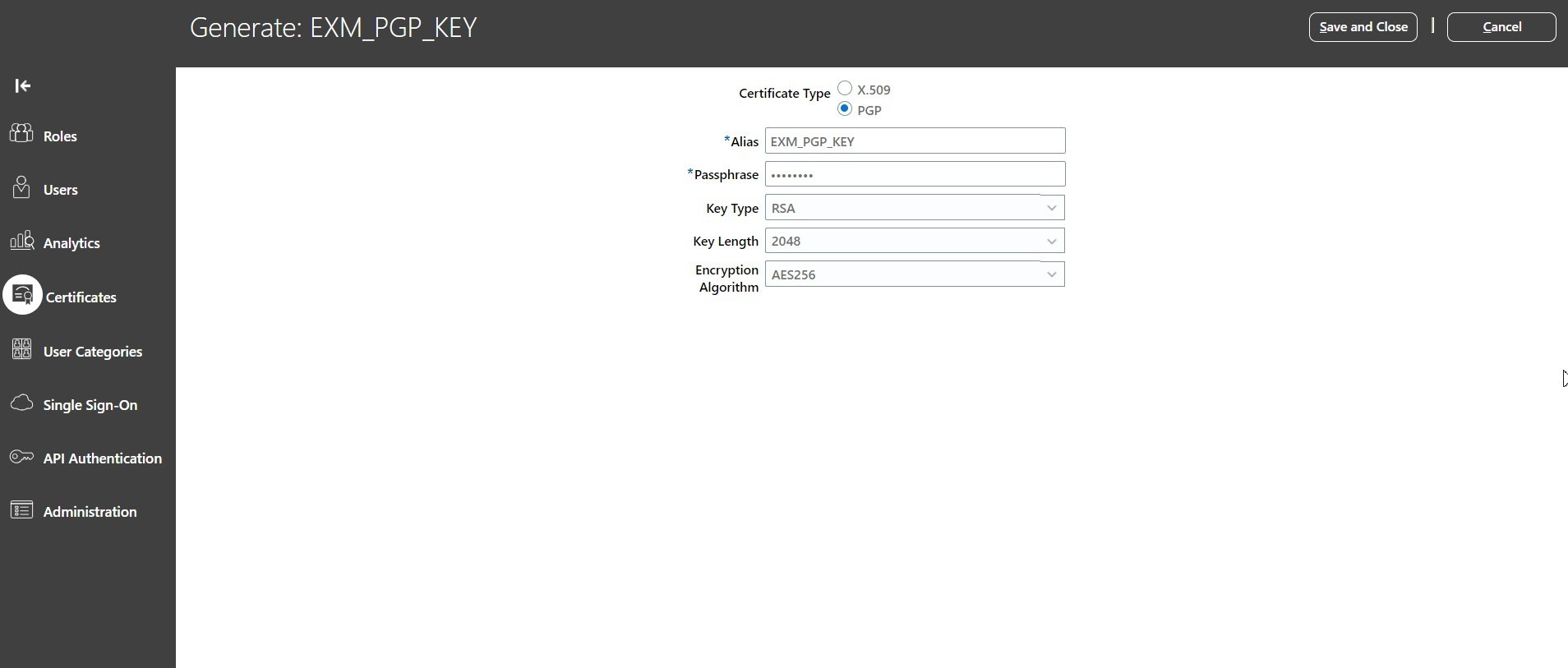 How to generate in Security Console->Certificates a PGP certificate ...
