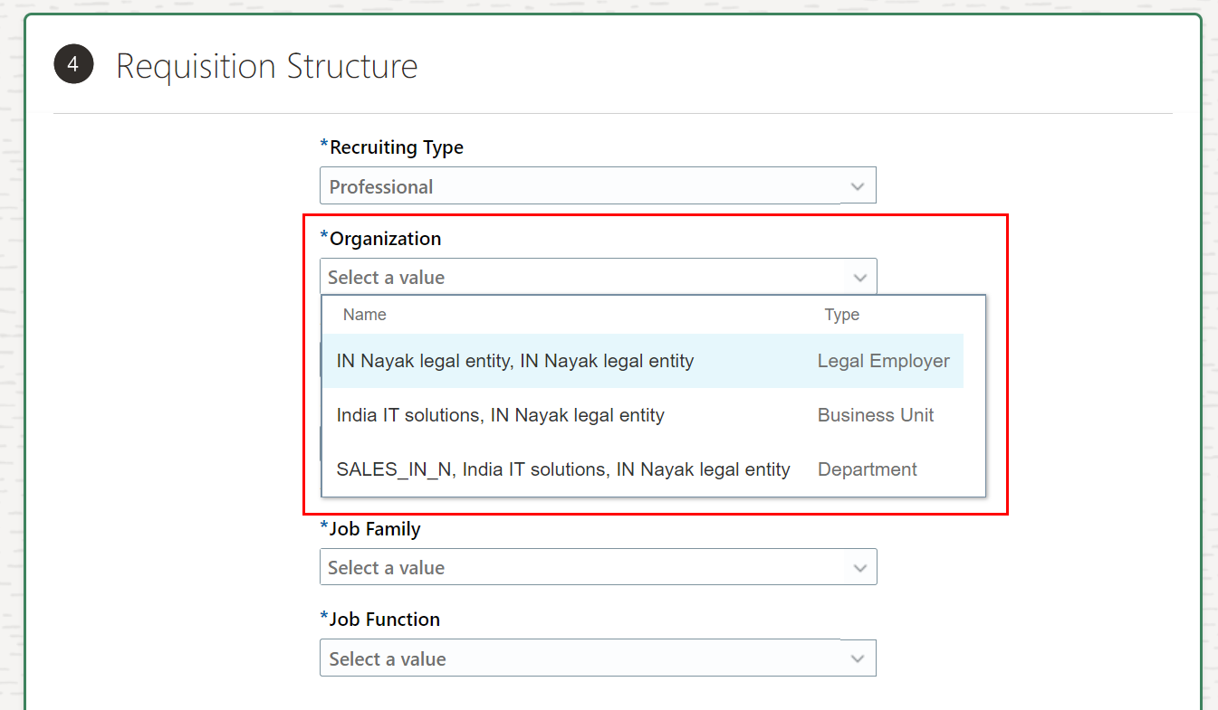 On Requisition Creation Page Organization Is Not Showing Under Organization Field — Cloud