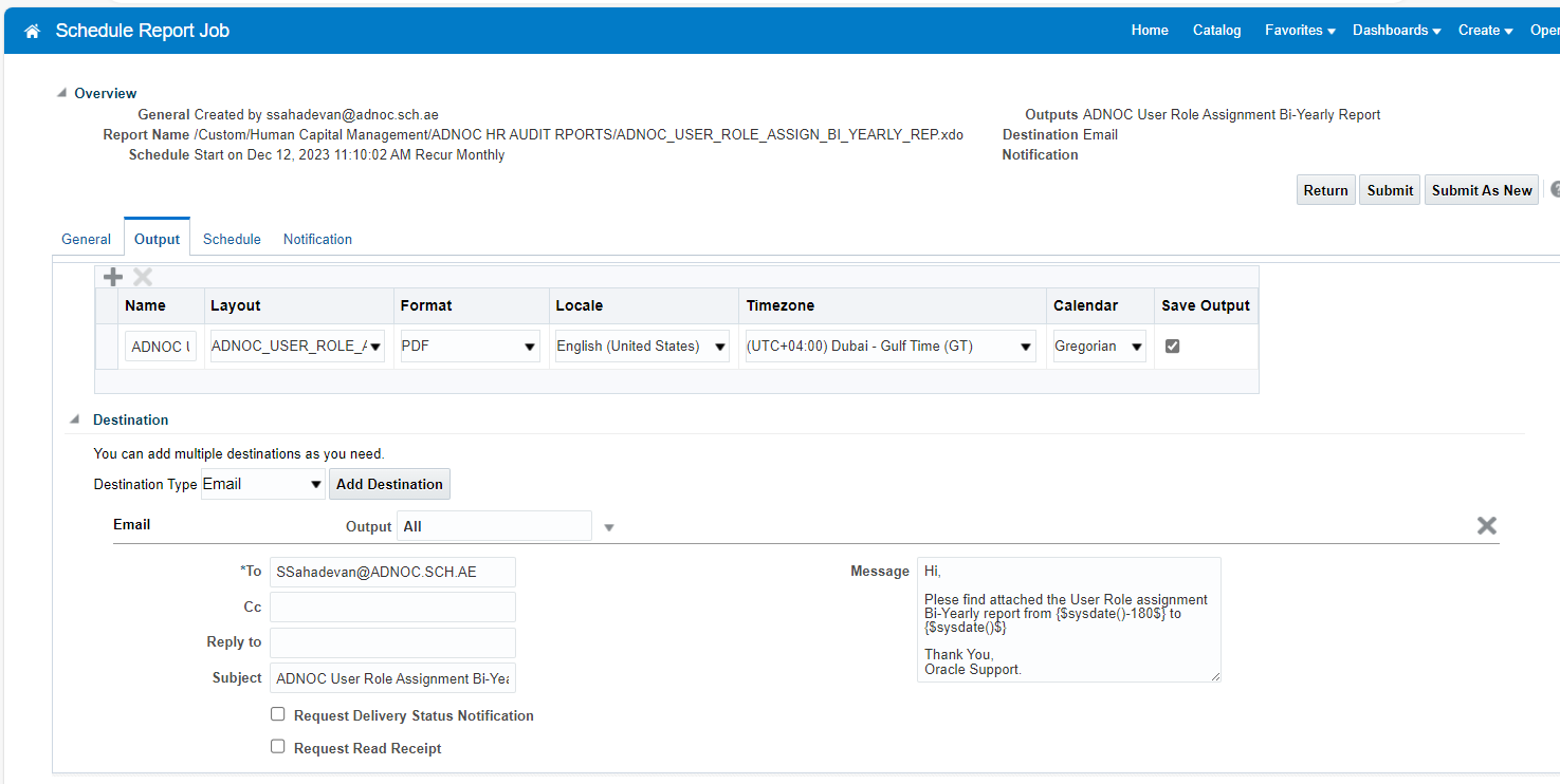how to add dynamic values inside message content in BIP report scheduling — Cloud Customer Connect