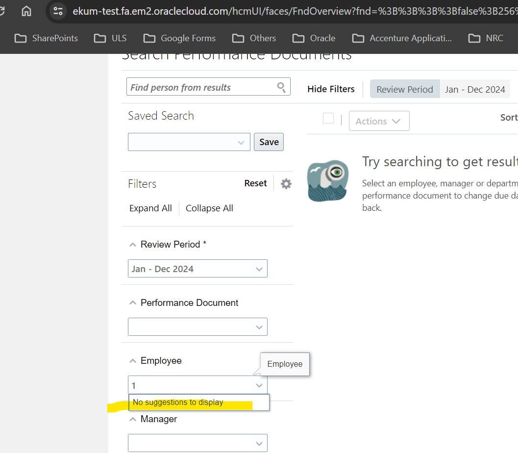 Employee filter in Performance Document is not showing any employees — Cloud Customer Connect