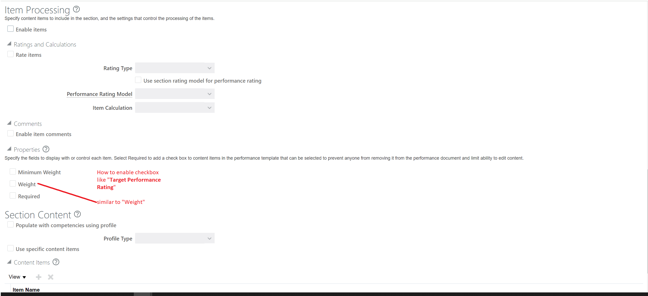 How to enable Target Performance Rating checkbox when selecting section type as performance goal ...