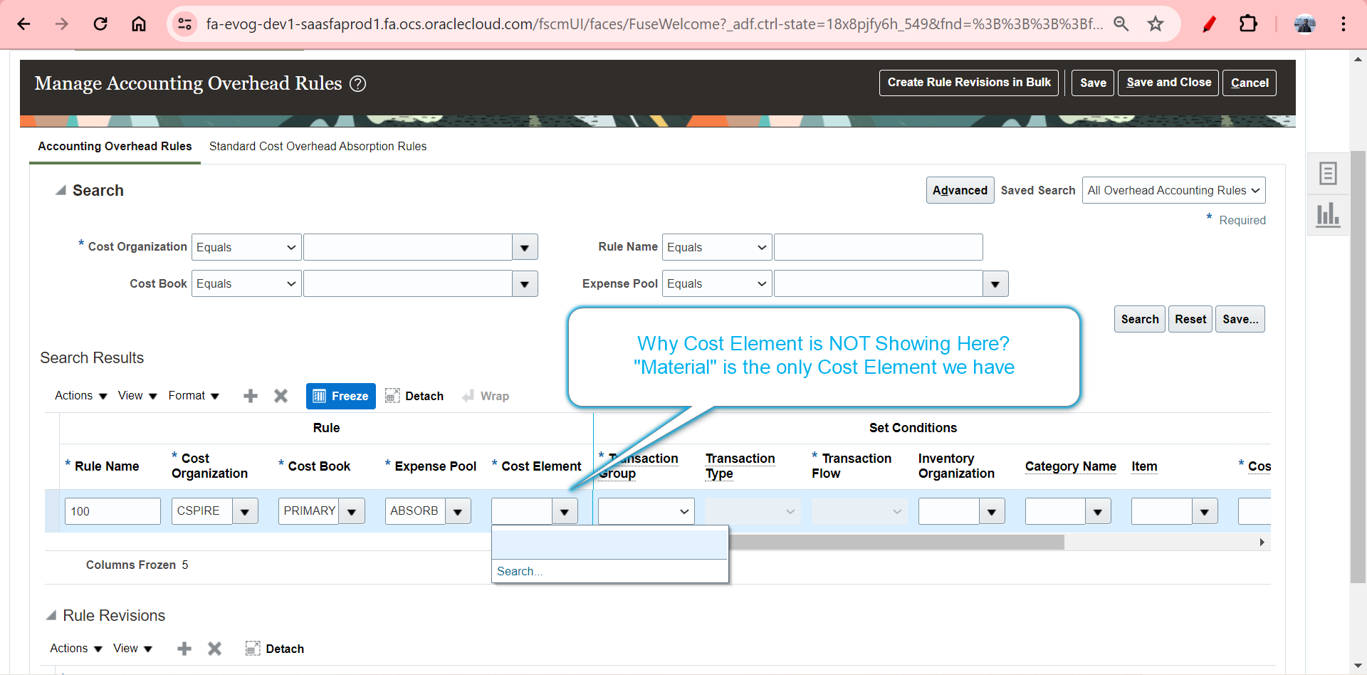 Manage Accounting Overhead Rule Does NOT show Cost Element — Cloud Customer Connect