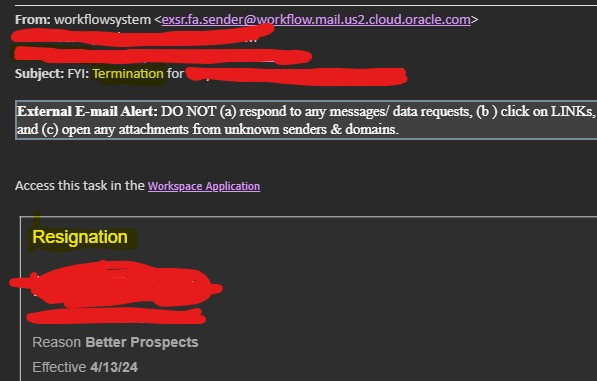 Employee receives mail notification with the subject line termination ...