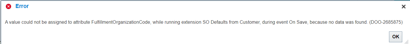 Getting "no data was found. (DOO-2685875)" error while defaulting ...