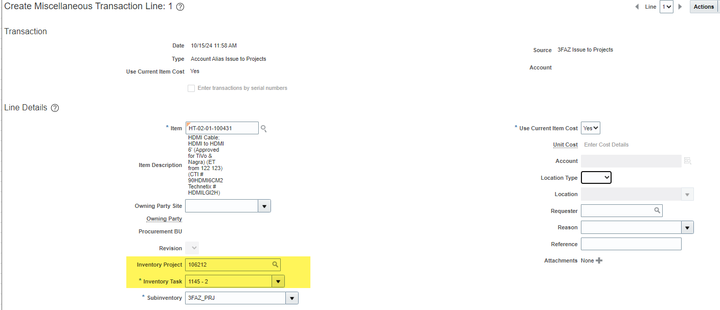 Ability to enter inventory project and task in Misc Transaction in new ...