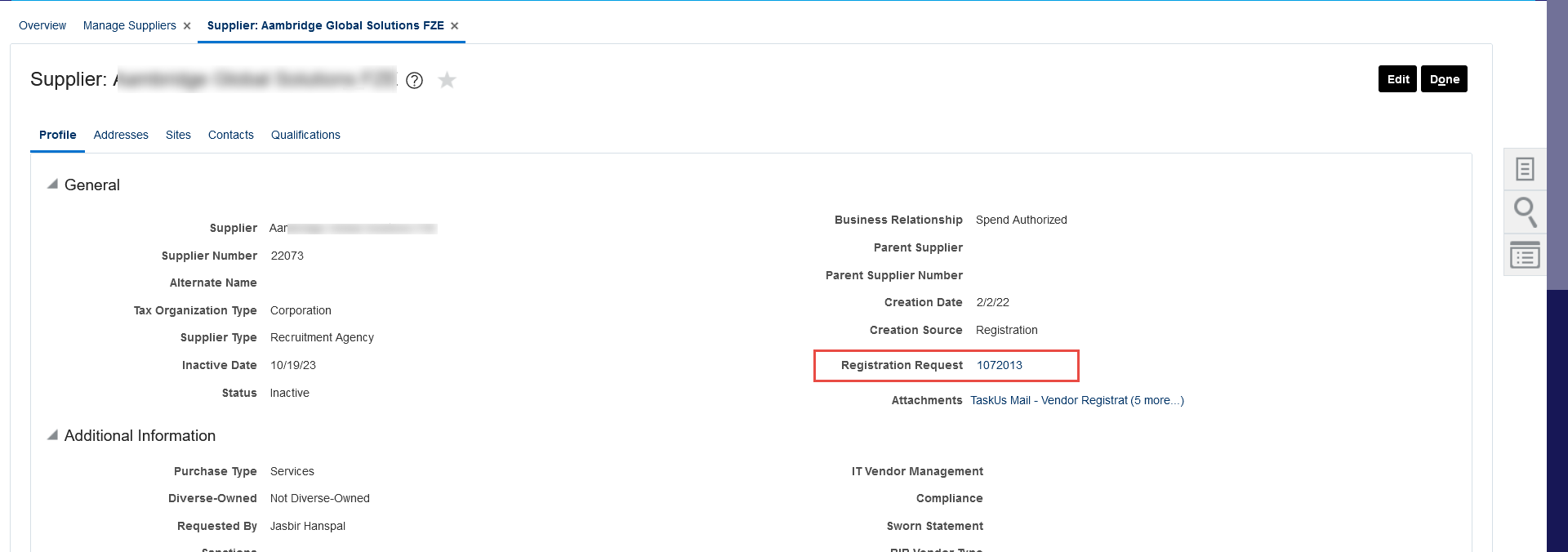 Is there a data retention for the supplier profile change request and registration approval ...