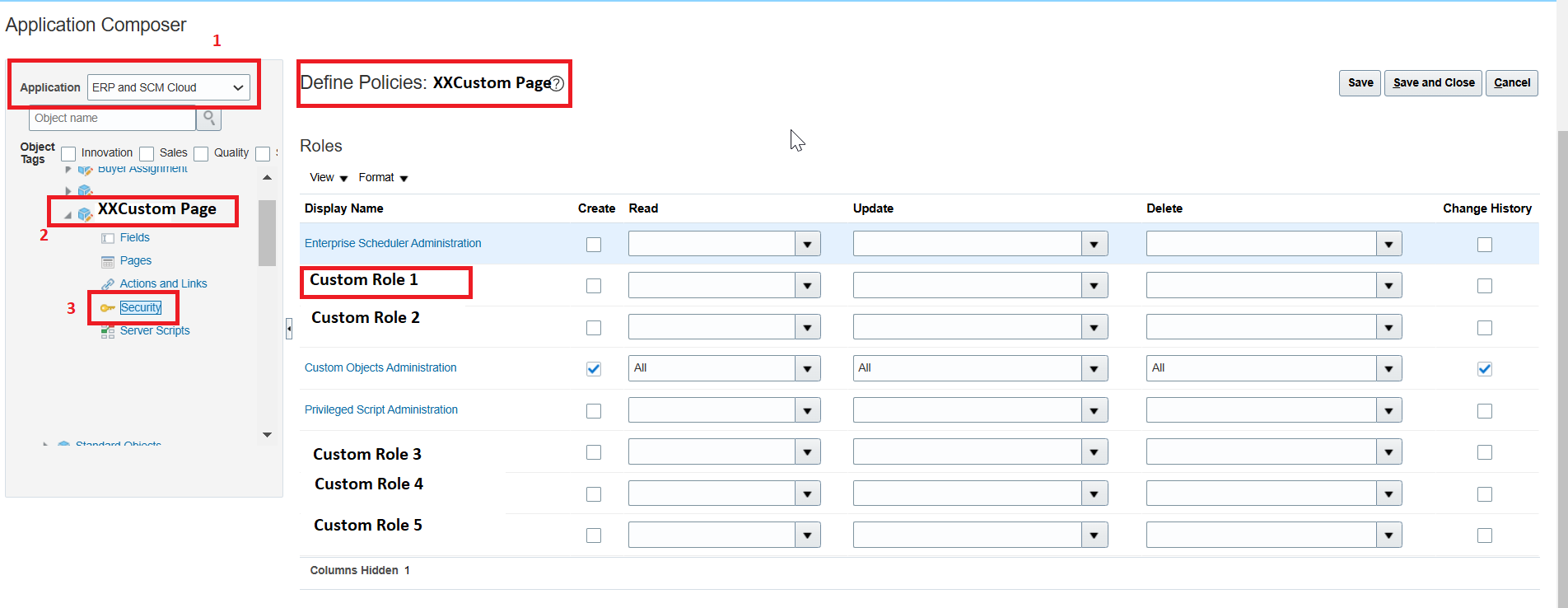 In Application Composer Custom Objects Security, What is the Privilege required for a Role to ...