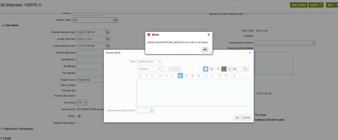 Error:Context Value SHIPPING_MARKS is not in the List of Values, Issue in Shipment page-Create ...