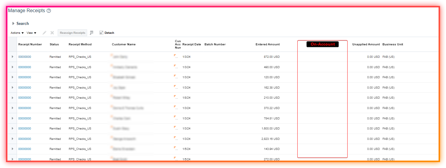 Add On-Account column in Manage Receipts — Cloud Customer Connect