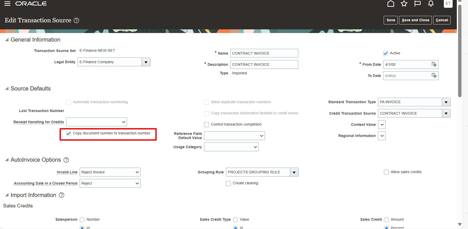 How To Setup The Projects Ar Invoice To Copy The Transaction Number From The Document Sequence