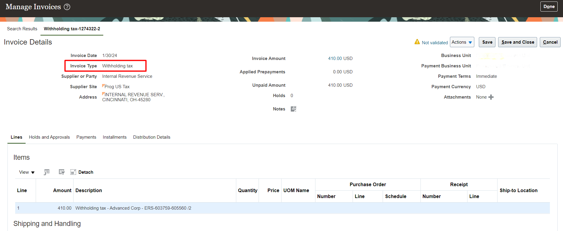 It's possible to create a Withholding Invoice manually in ERP Cloud ...