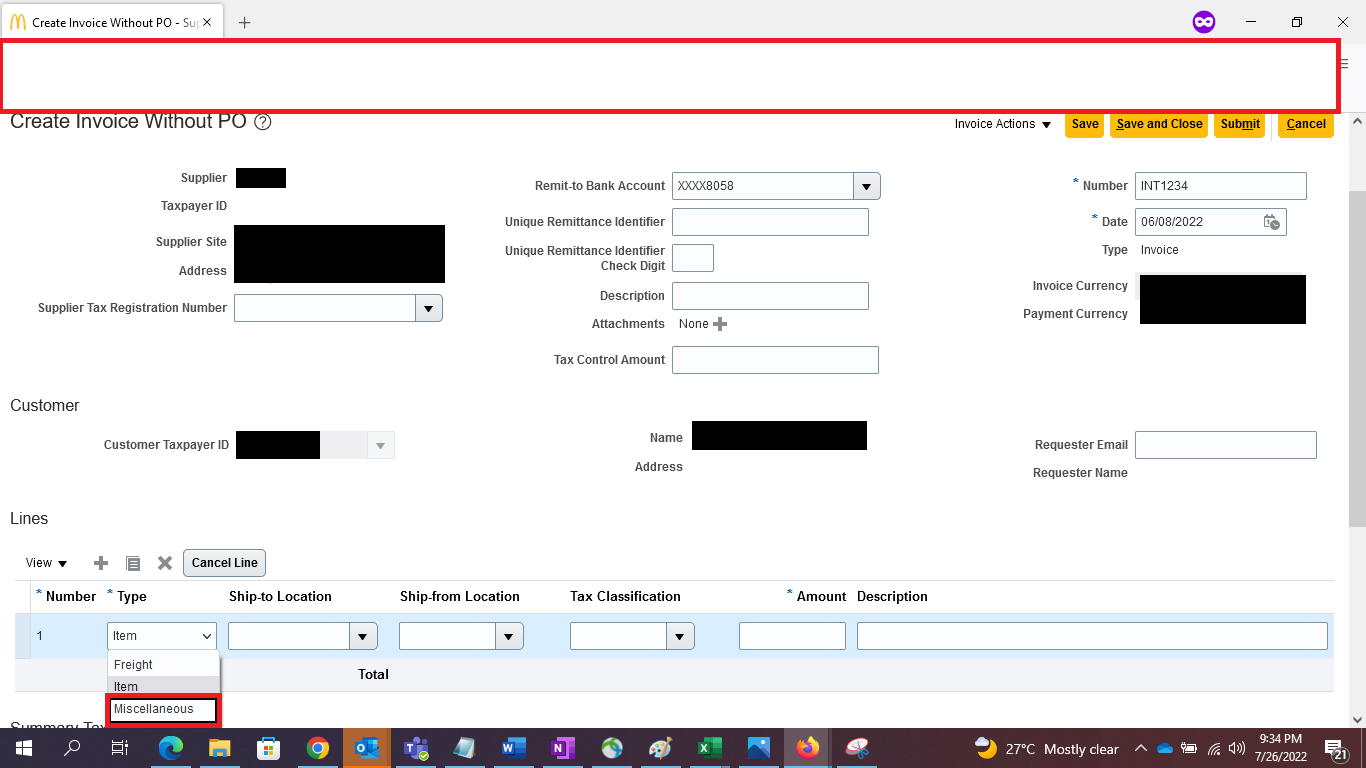 How to hide(Miscellaneous) Line types in Invoice create page from Supplier portal — Cloud ...