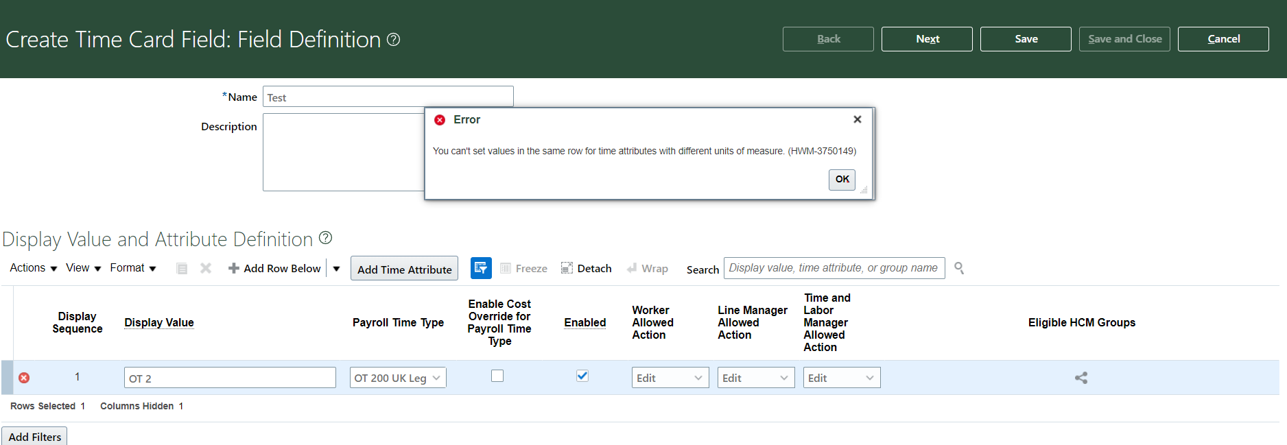 Cant Set Values In The Same Row For Time Attributes With Different Units Of Measure Hwm
