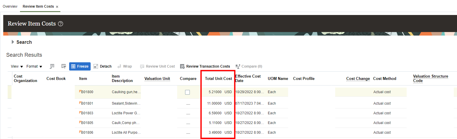 OTBI - Which Subject Area/field provides "Total Unit Cost" value from "Review Item Costs" UI ...