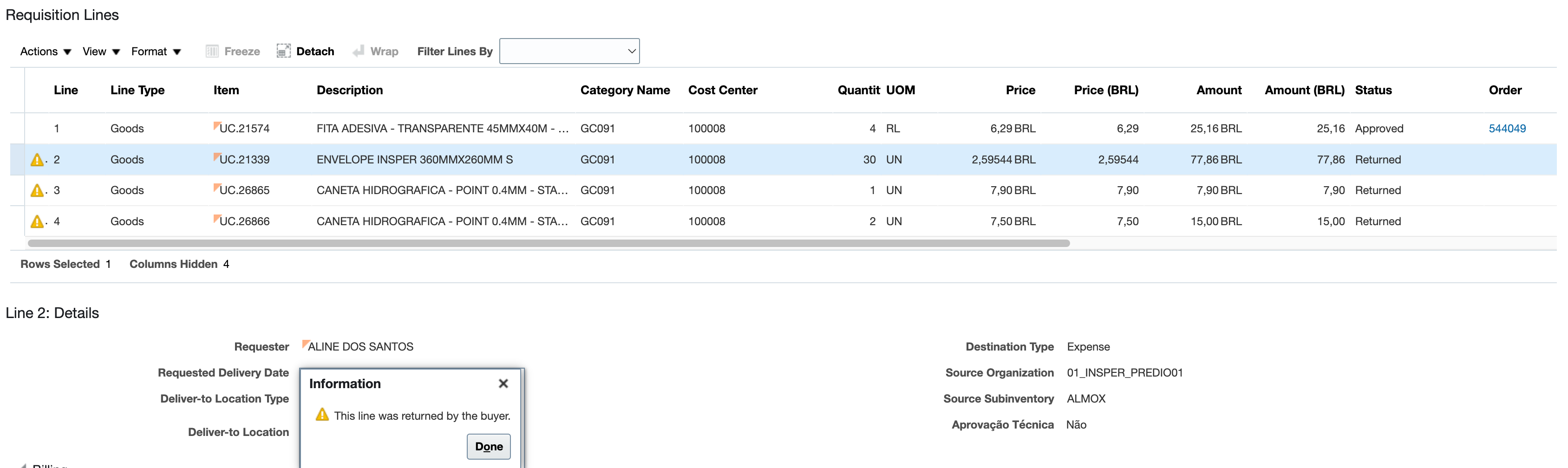 Internal Requisition Line with Information "This line was returned by ...