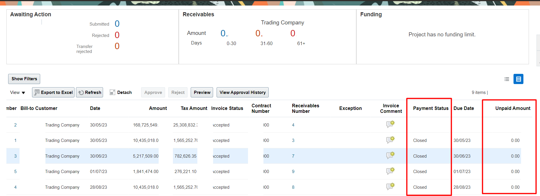 Project receivable invoices payment status — Cloud Customer Connect