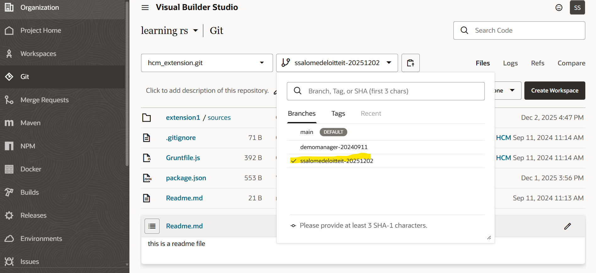 How to View Specific Branches in Oracle Visual Builder Studio for ...