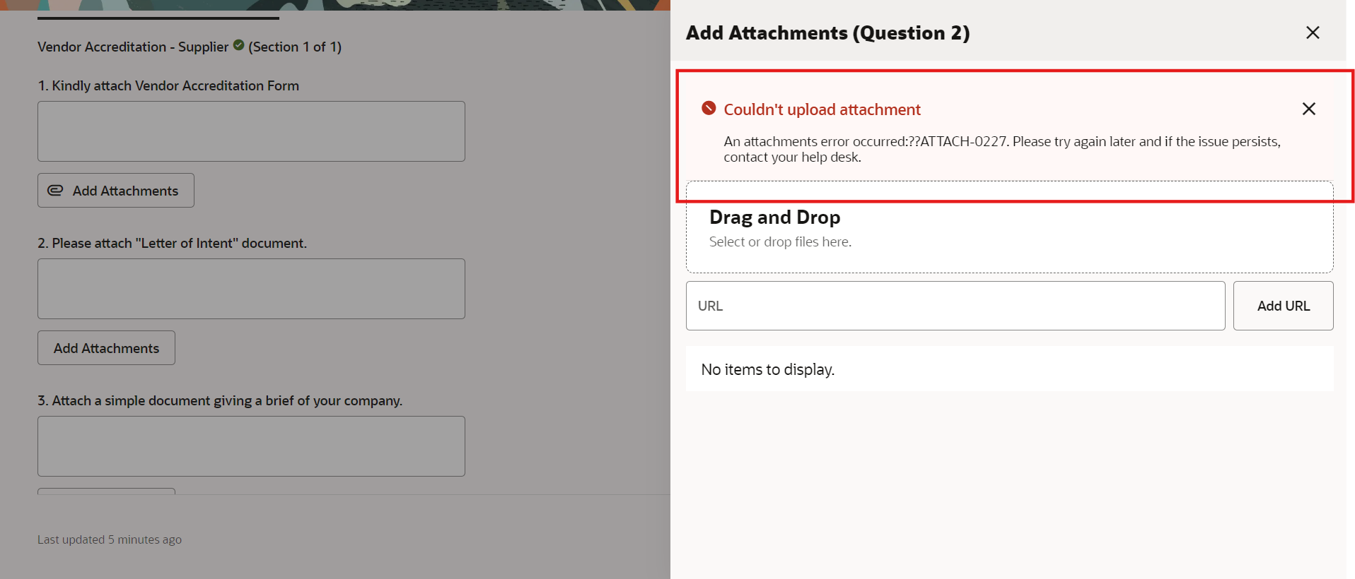 Error while uploading attachments in Questionnaire tab in External Supplier Registration — Cloud ...