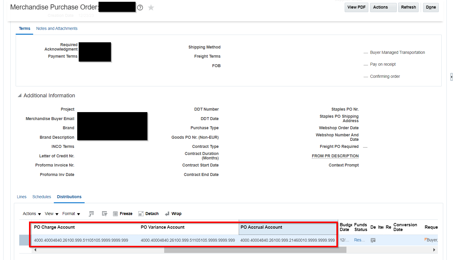 What are the standard Oracle Fusion settings segment accounting on the Purchase Order page ...