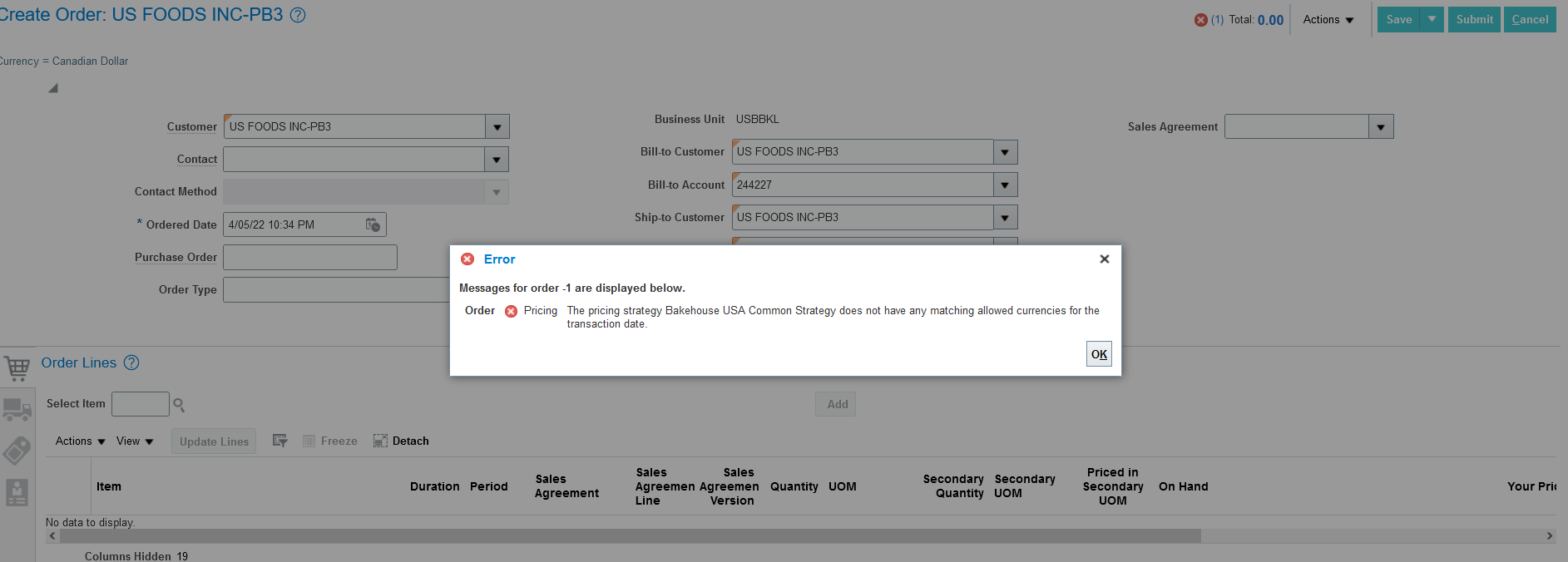 Sales Order Currency Error — Cloud Customer Connect