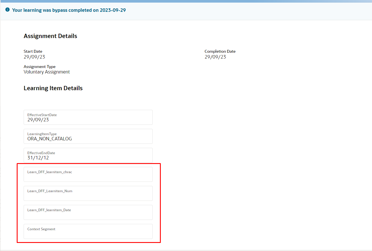 Unable To Hide The Dff Details On Enrollment Details Page For External Learning — Cloud Customer