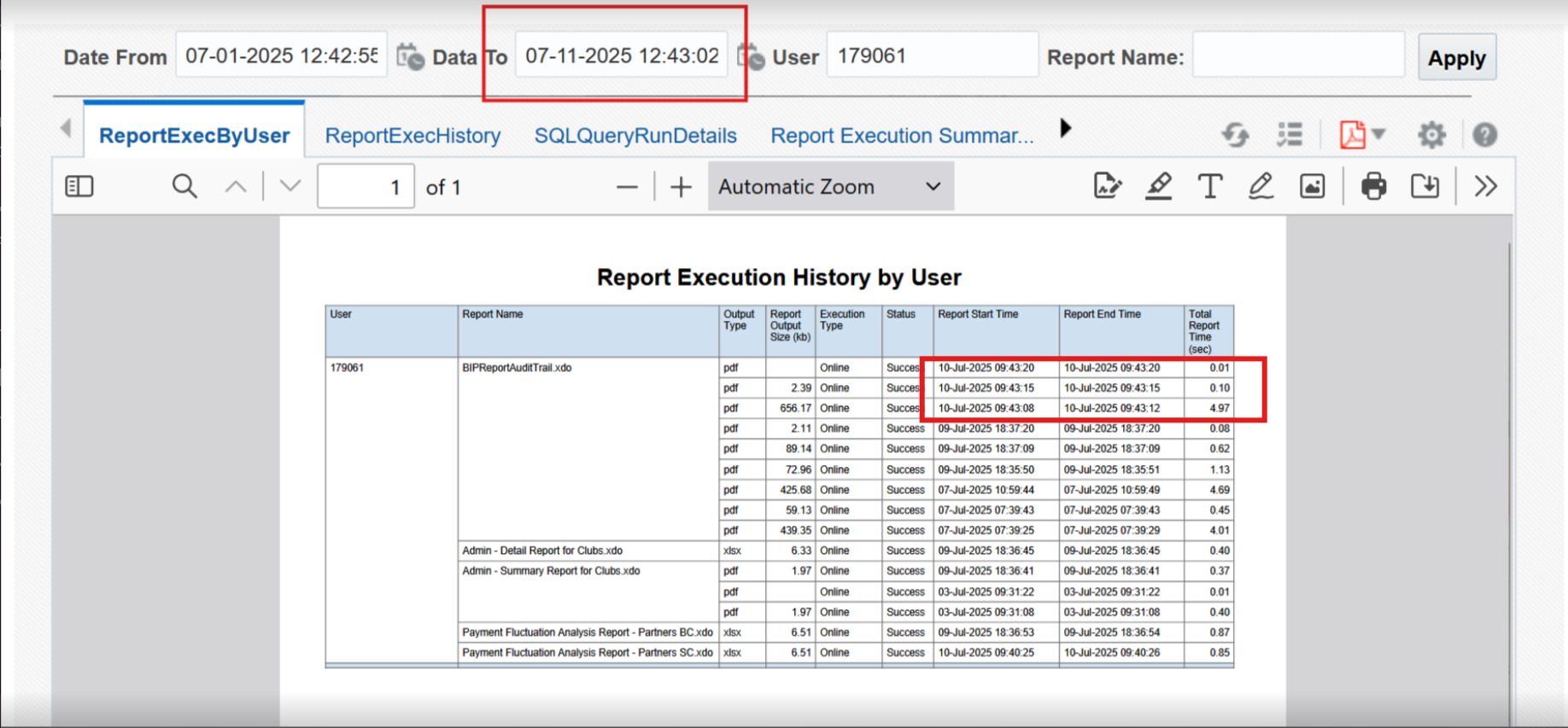 OOTB BIP Audit Report has date filters in UTC — Cloud Customer Connect
