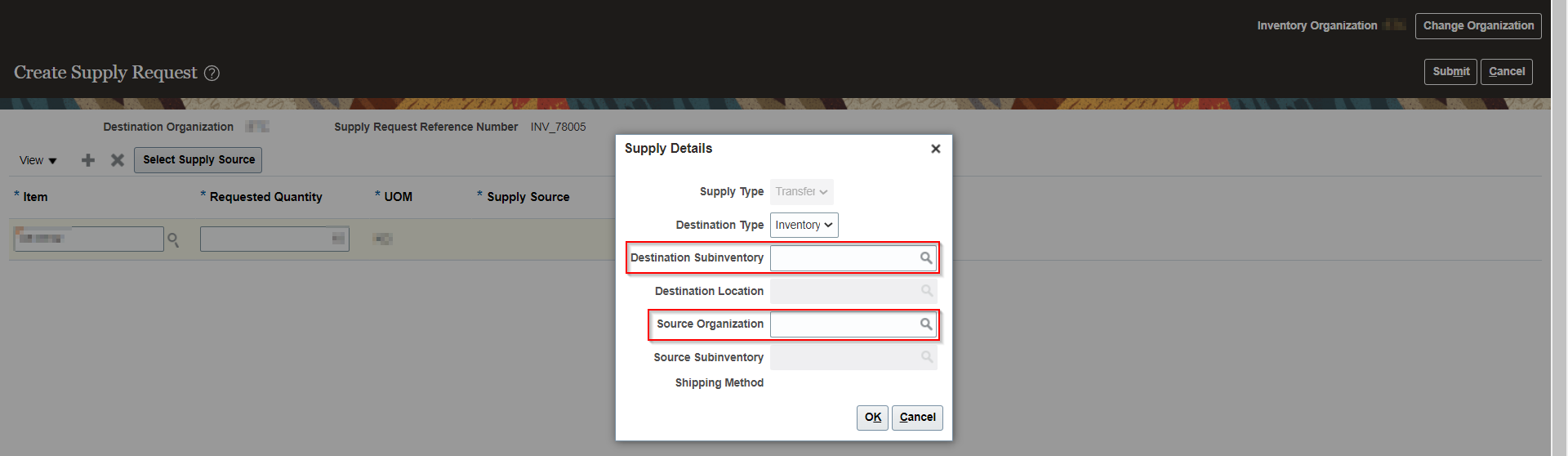 Default the Subinventory (Source & Destination) in the Create Supply Request Page — Cloud ...