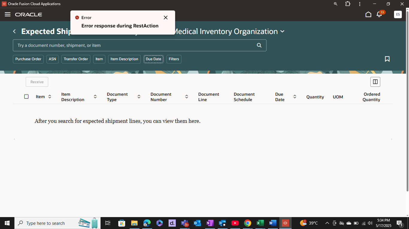 Not able to view Shipment Line or PO lines in Expected Shipment line in redwood — Cloud Customer ...
