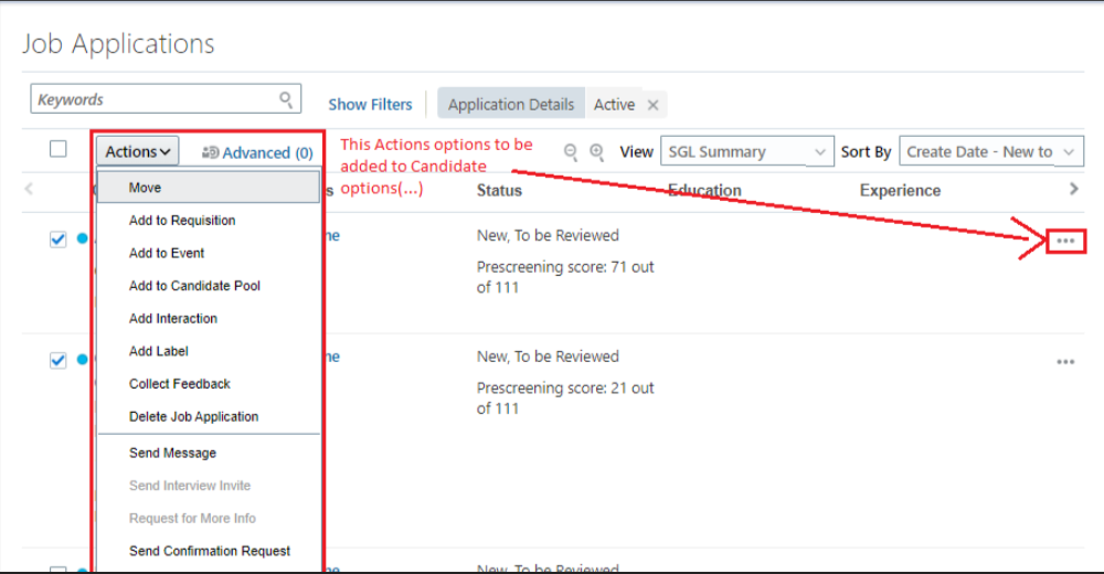 Job Application Page Actions Options Need To Be Added To The Candidate Options — Cloud
