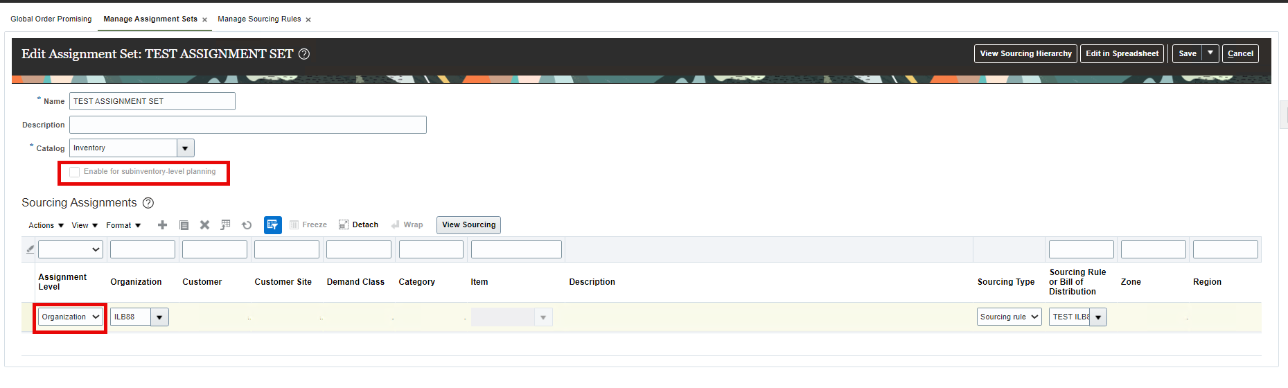 how to use subinventory level planning from the sourcing rule/assignment set — Cloud Customer ...