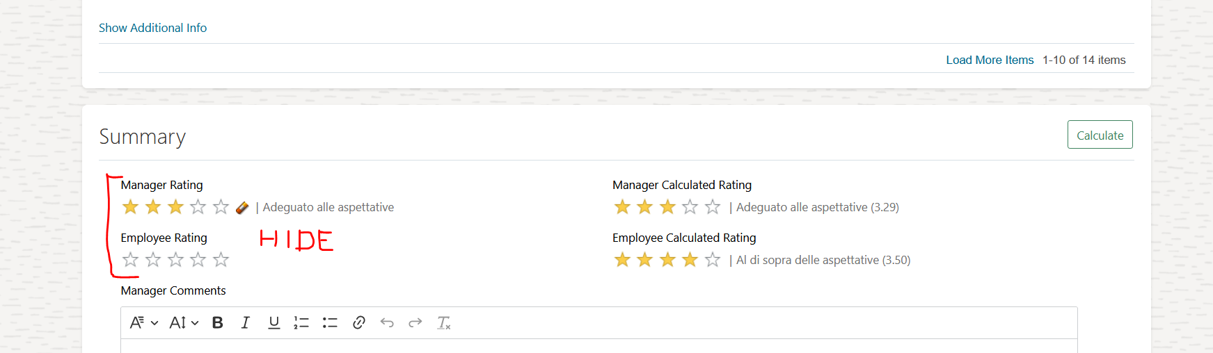 How to remove Employee Rating and Manager Rating only on Summary section — Cloud Customer Connect