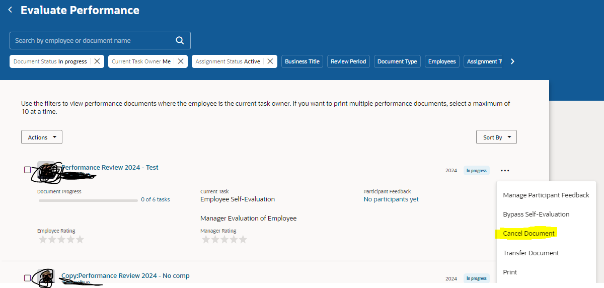 Remove The Cancel Document Option From The Elipses Drop Down For Each Employees Performance