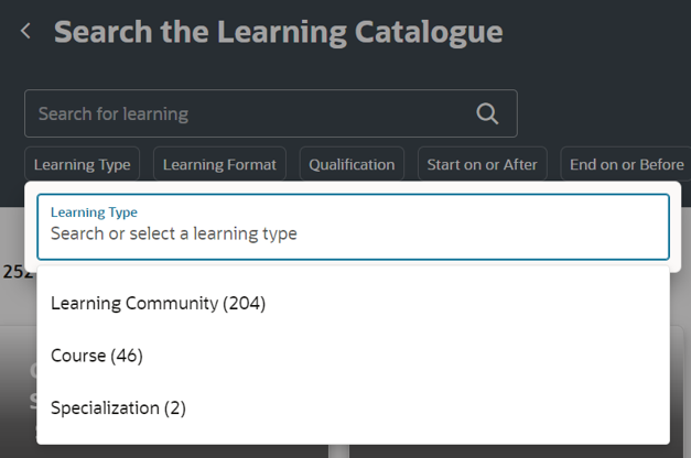 Learning type filter in the Learning Catalog not showing all available items — Cloud Customer ...